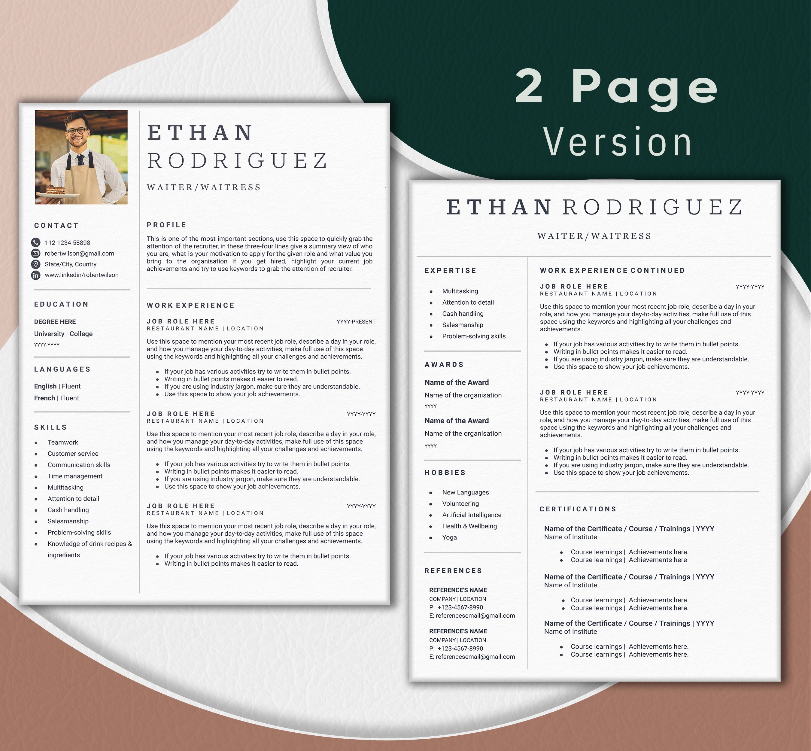 Waiter/waitress Resume Template for Word & Google Docs, Counter Waiter ...