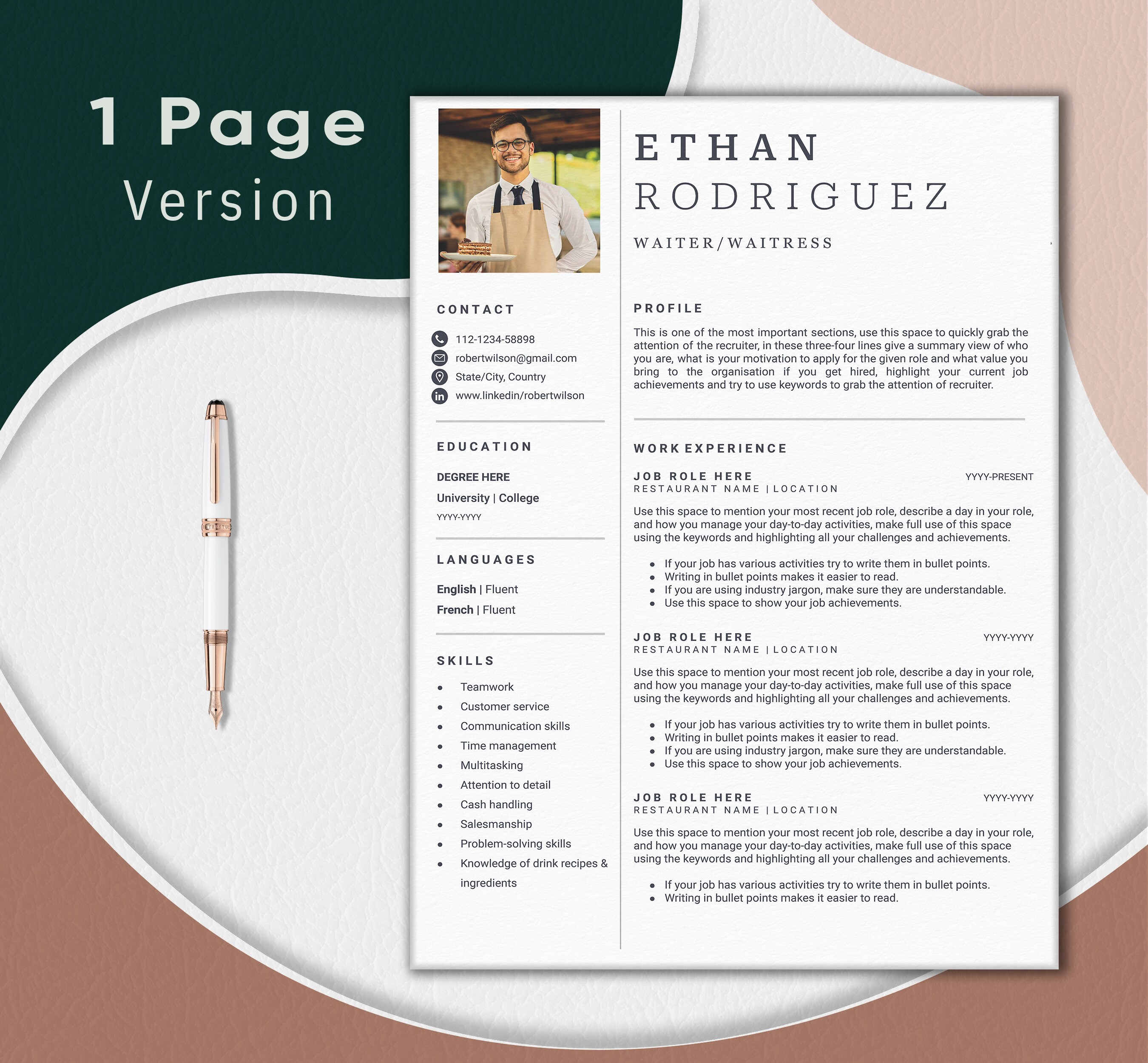 Waiter/waitress Resume Template for Word & Google Docs, Counter Waiter ...