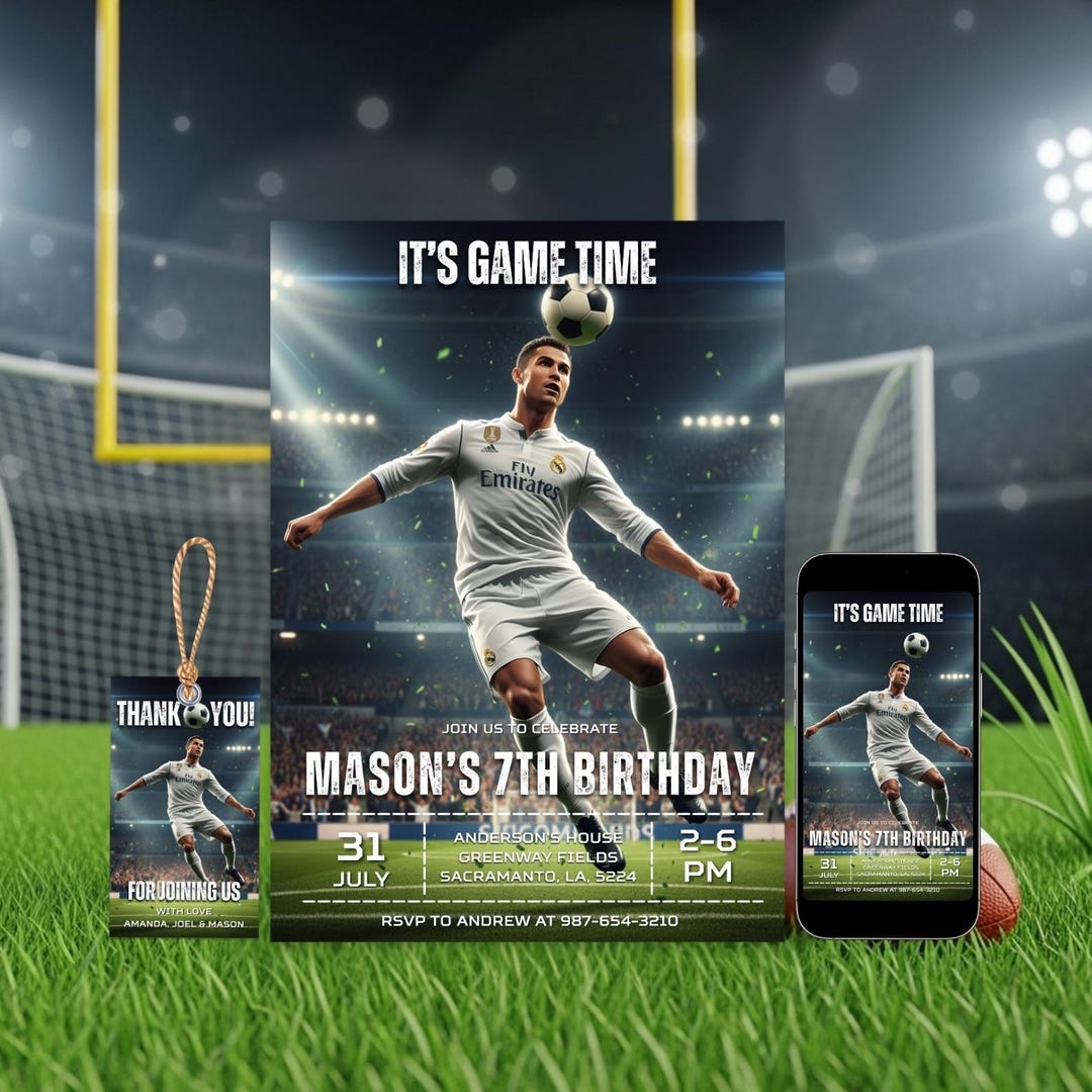 Ronaldo Football Invitation, It’s Game Time Soccer Party, Any Age ...