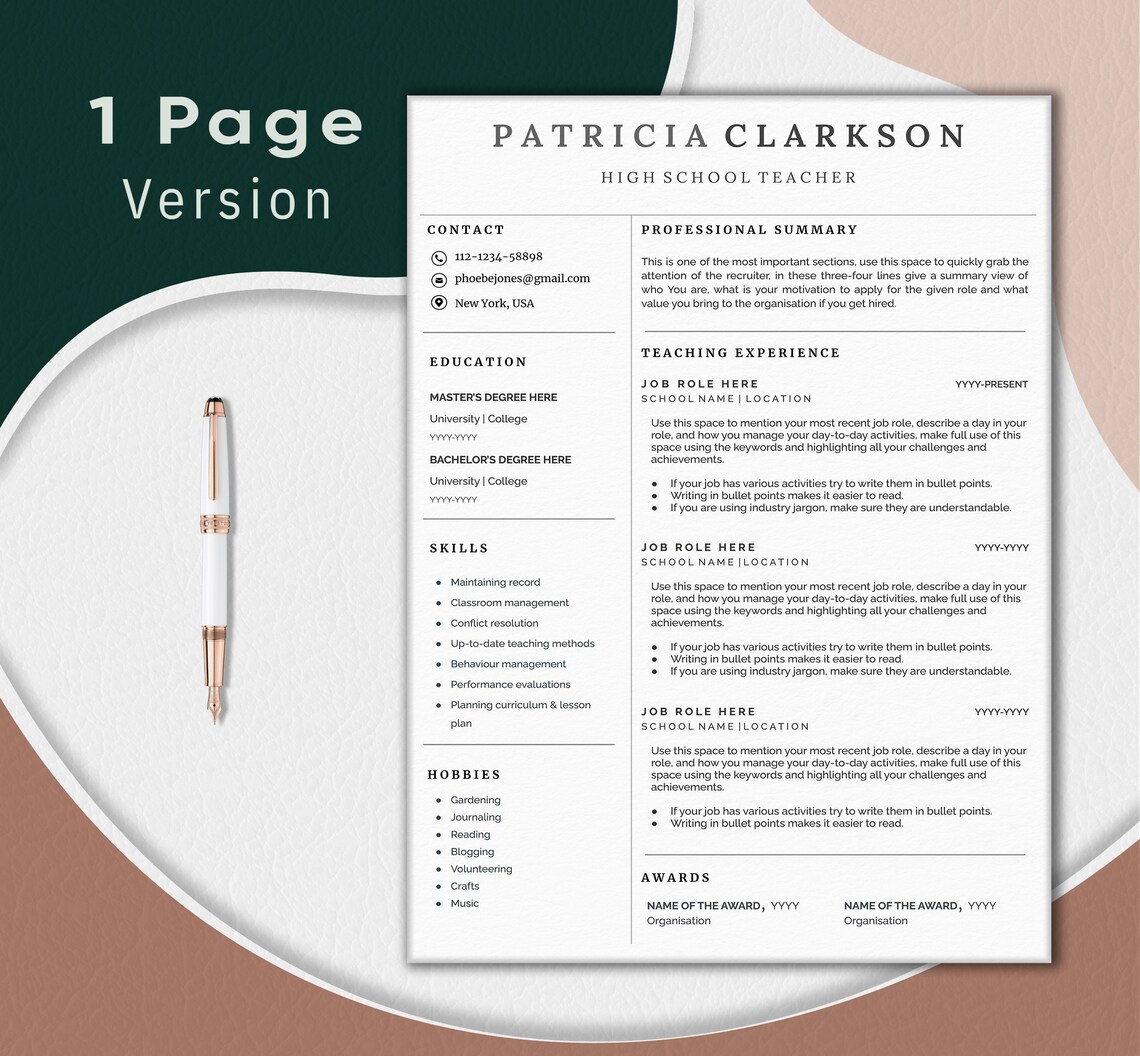 High School Teacher Resume Template, School Teacher CV Template for ...