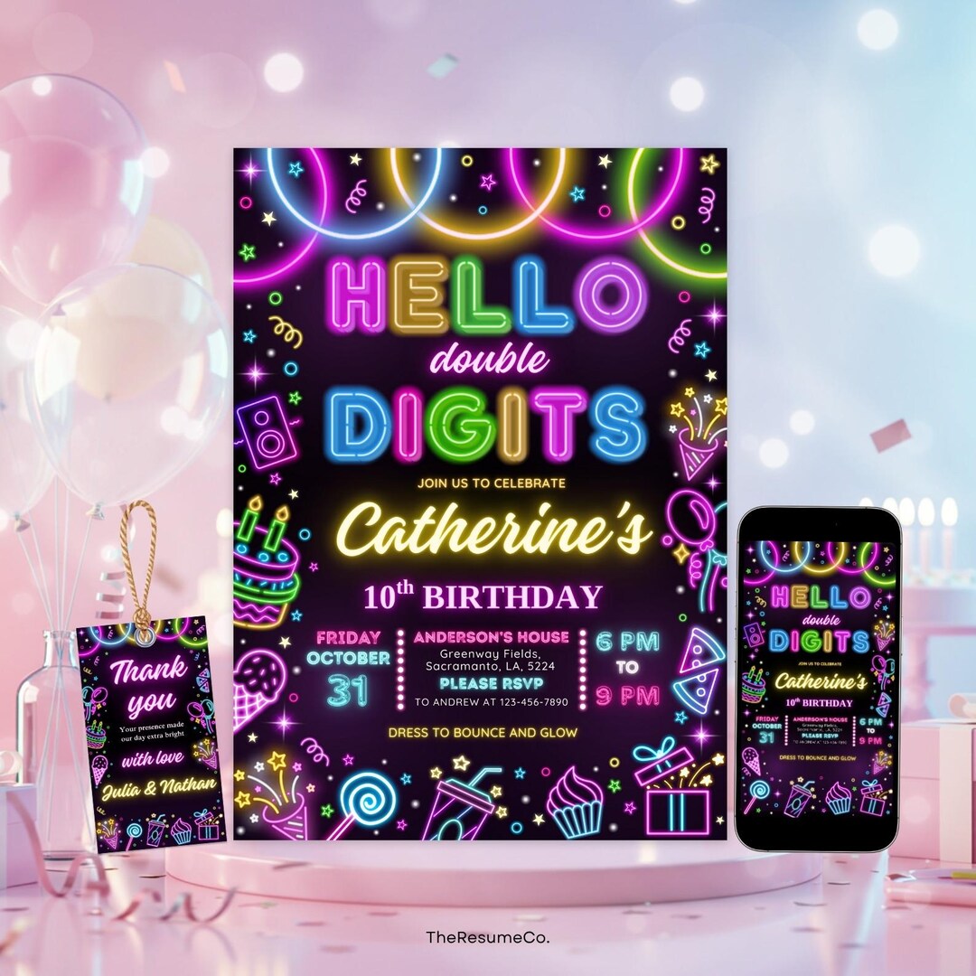 Hello Double Digits Teen Birthday Party Invitation Neon Glow Party ...