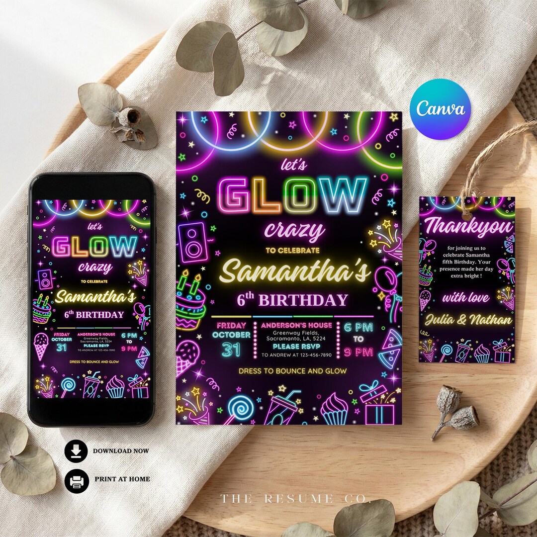 Neon Glow Birthday Invitation, Neon Party Invites, Glow Crazy, Glow in ...