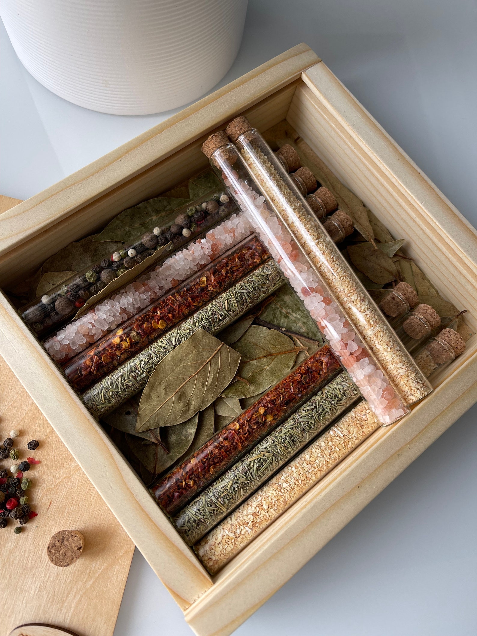 Wooden Box With Spices, Glass Test Tubes and Stoppers, Spice Rack ...