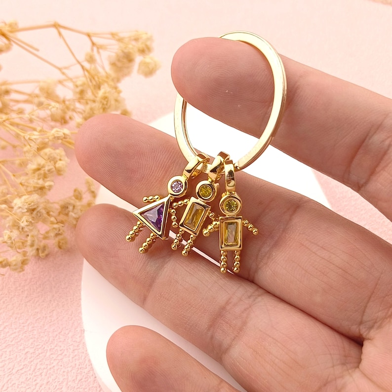 Custom Birthstone Kids Charms Pendant • Triangle Girl Keychain • Family ...