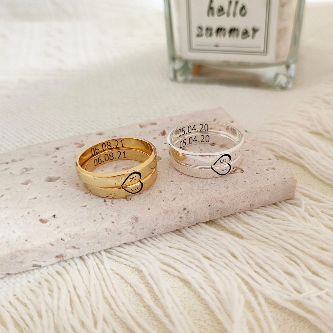 Personalized Couple Ring Set,matching Ring Set,custom Heart Name Rings ...