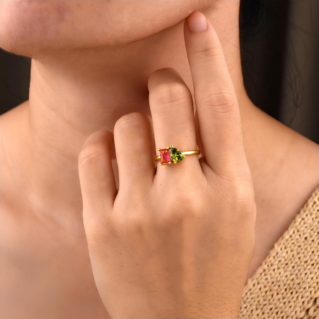 Custom Emerald & Pear Cut Birthstone Ring • Birthstone Ring • Valentine ...