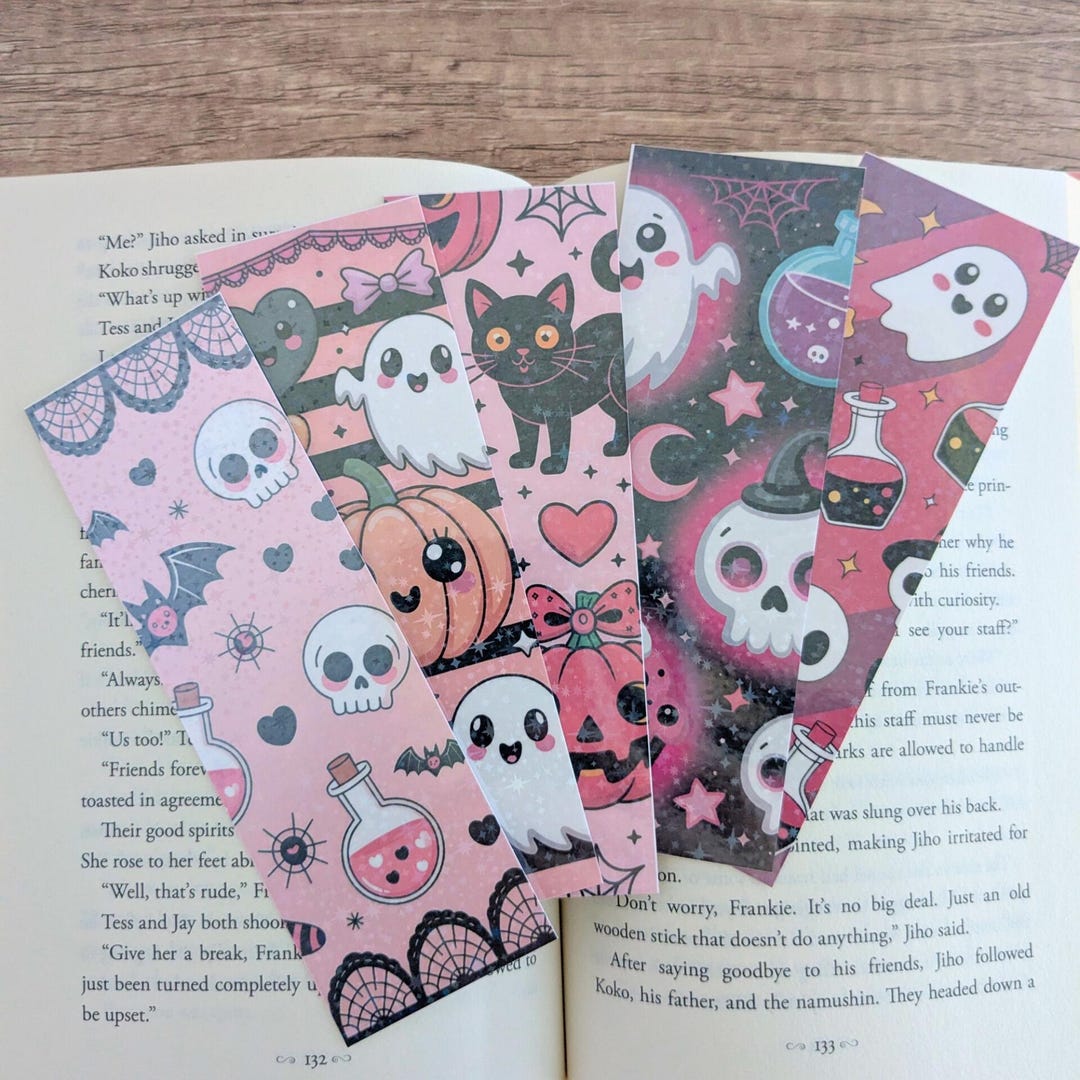 Pink Halloween Holographic Bookmark, Cute Ghost and Coquette Pumpkin ...