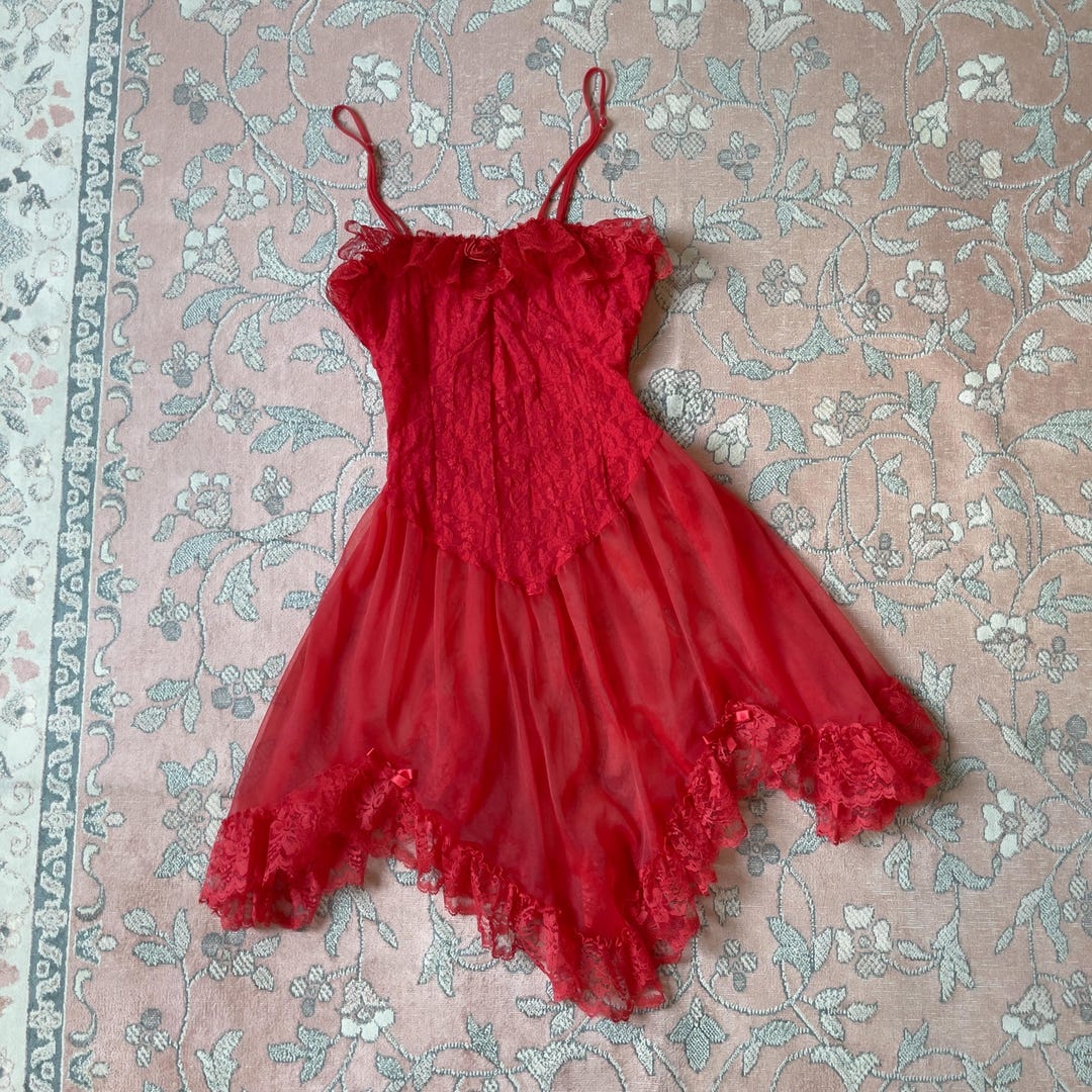 Romantic Red Lace Ruffled Sheer Slip Dress (M-L) - Etsy