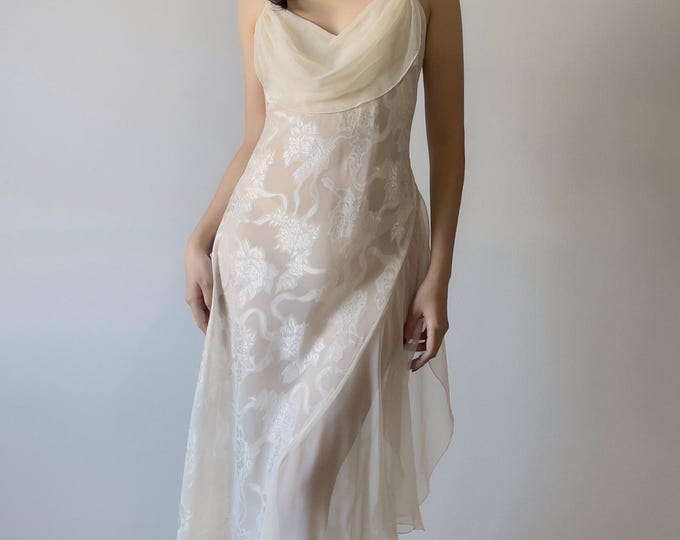Vintage 1990s Cream Floral Chiffon Sheer Slip Gown (medium) - Etsy