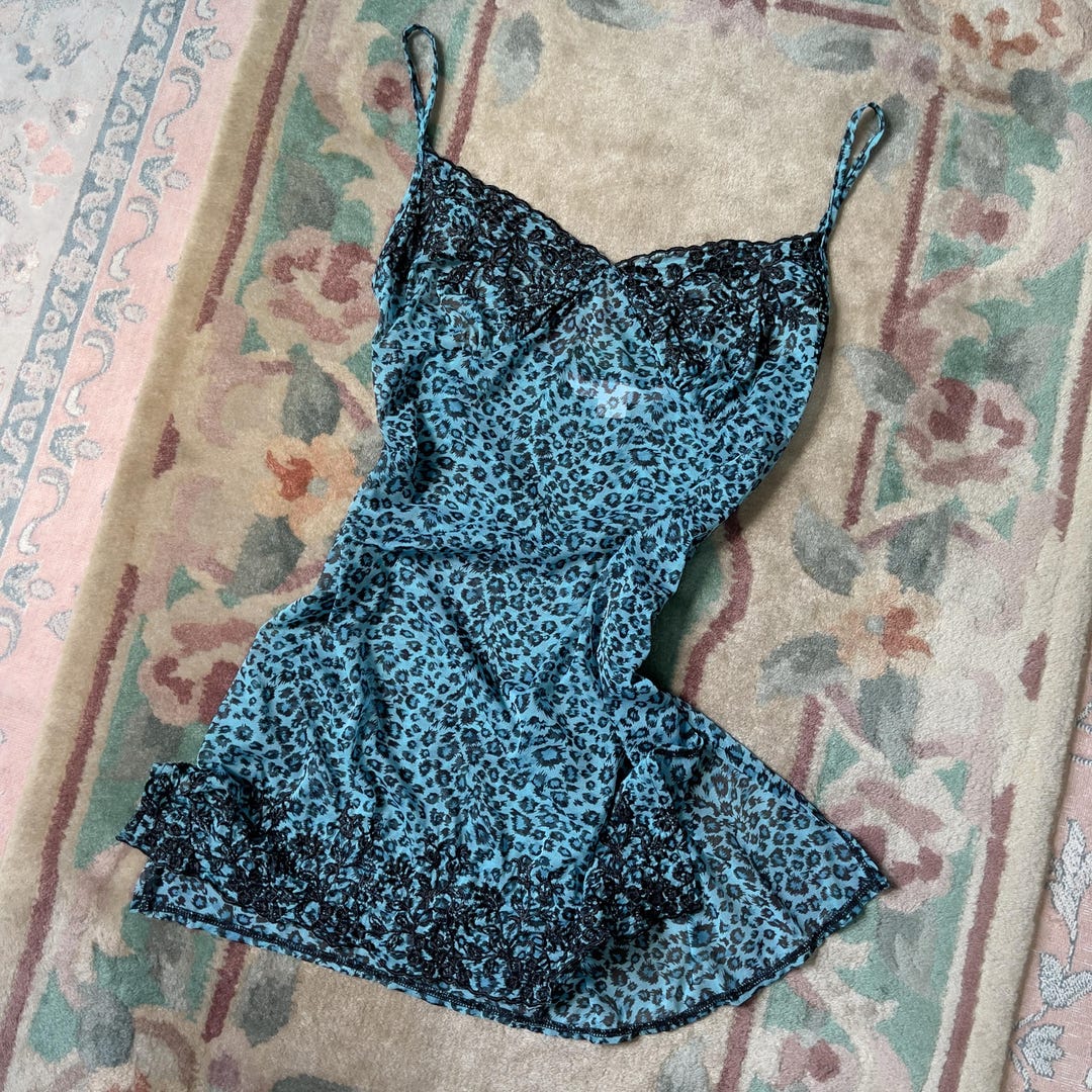 Vintage Victoria’s Secret 2000s Blue Leopard Print Semi-sheer Mesh Slip ...