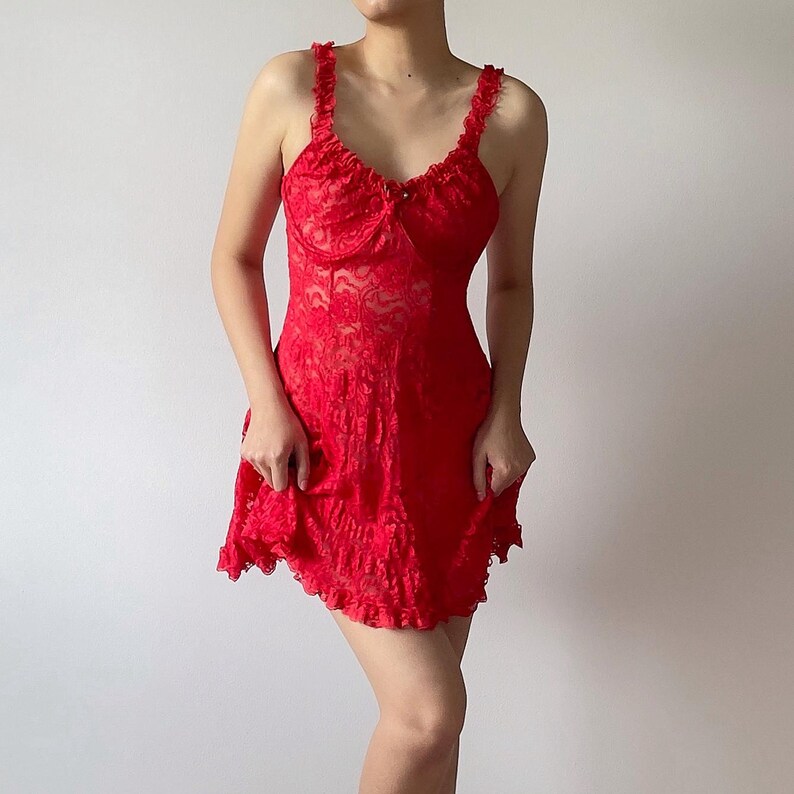Vintage Red Lace Sheer Mini Dress M-L - Etsy