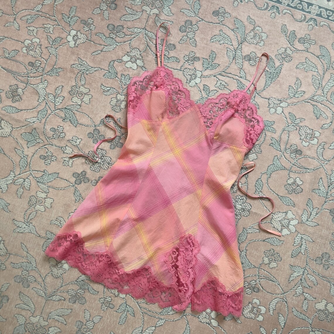 Vintage Victoria’s Secret 2000s Pink Plaid Cotton Lace Mini Slip Dress ...