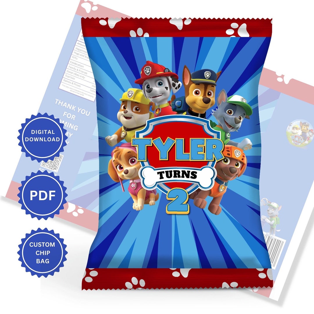 Personalised Chip Bags, Birthday Favours, Party Favours, Paw Patrol ...