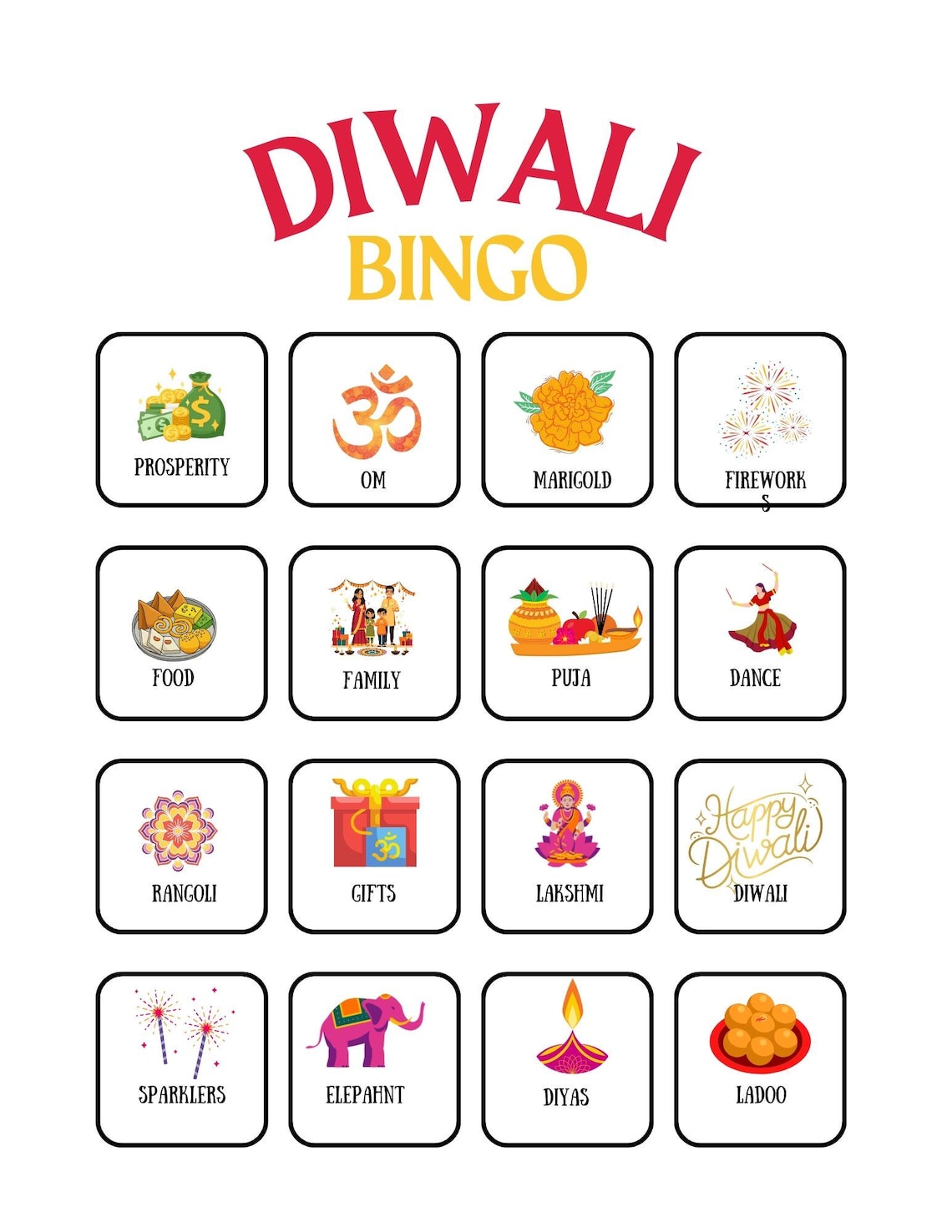 Diwali Printable Games, Diwali Printable Bingo Printable Diwali Bingo ...