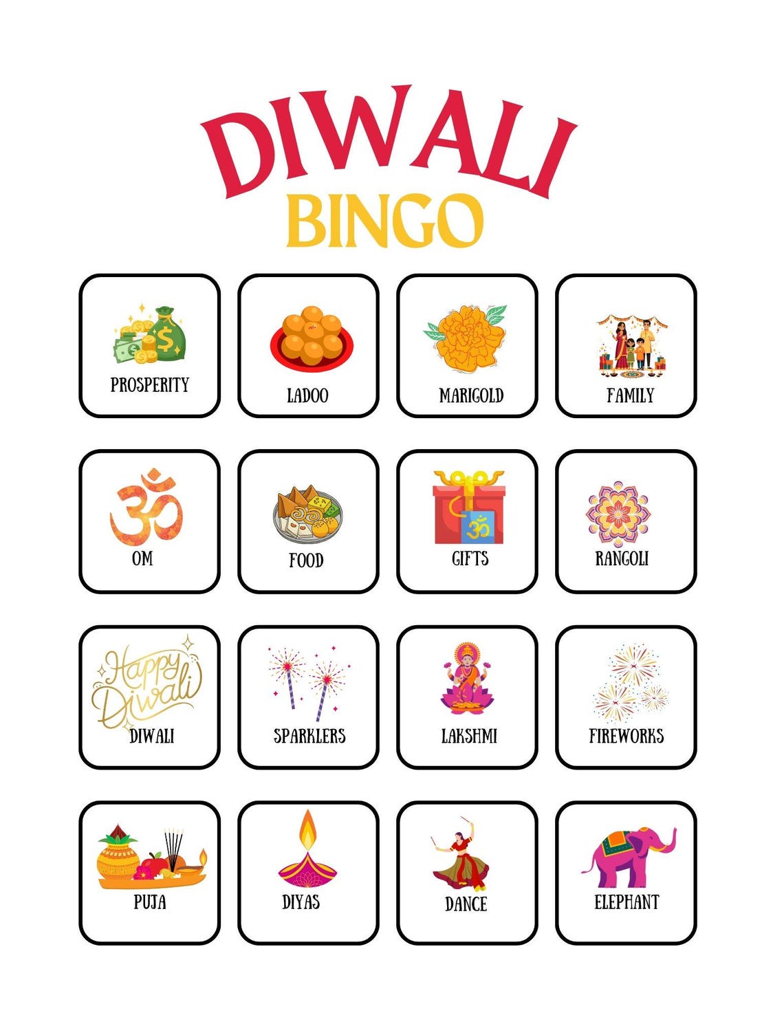 Diwali Printable Games, Diwali Printable Bingo Printable Diwali Bingo ...
