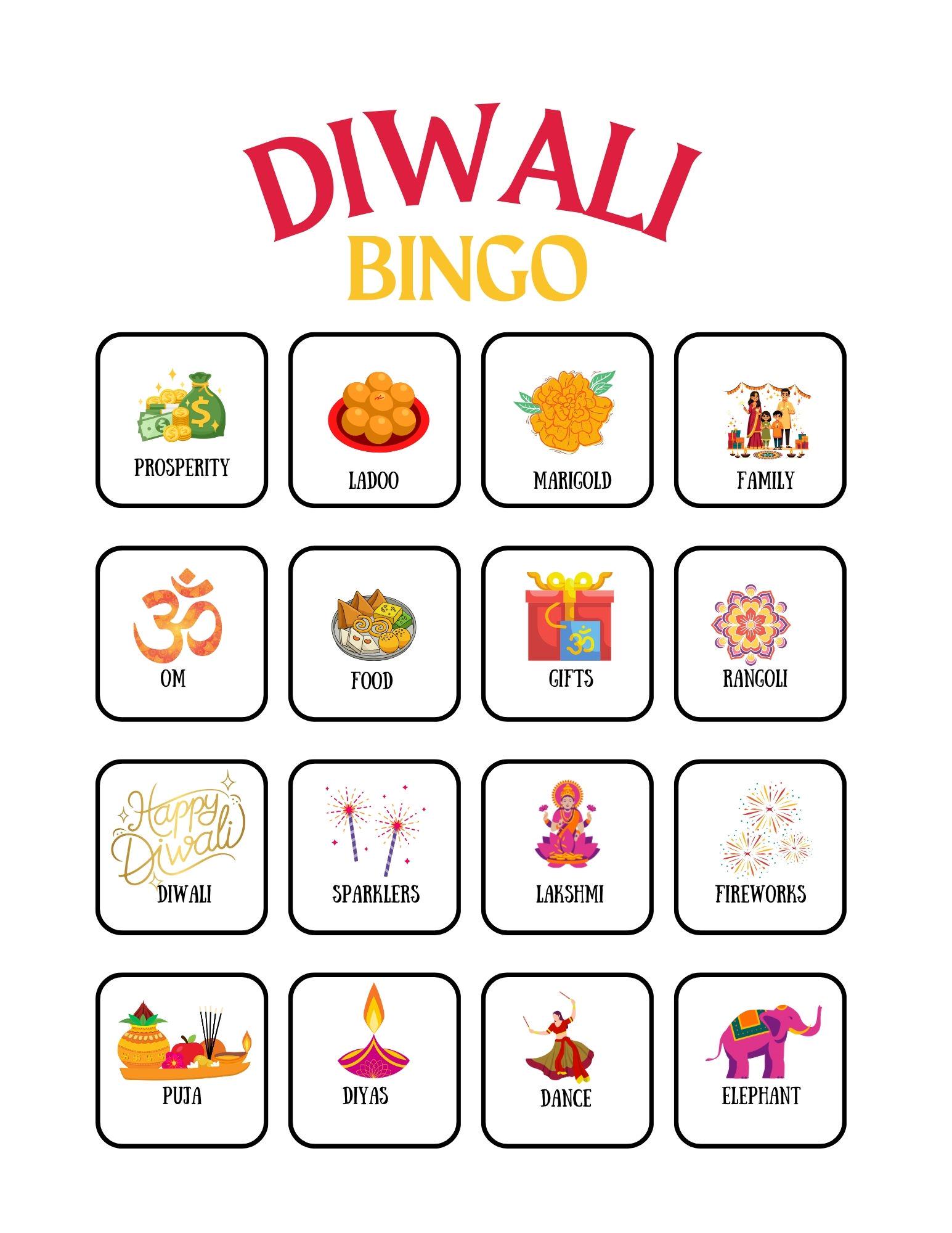 Diwali Printable Games, Diwali Printable Bingo Printable Diwali Bingo ...