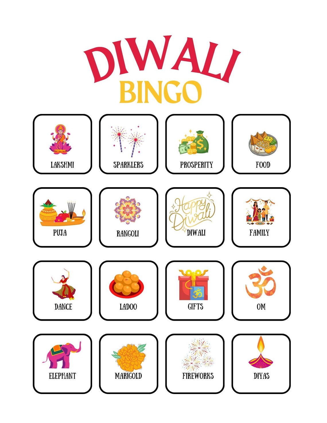 Diwali Printable Games, Diwali Printable Bingo Printable Diwali Bingo ...