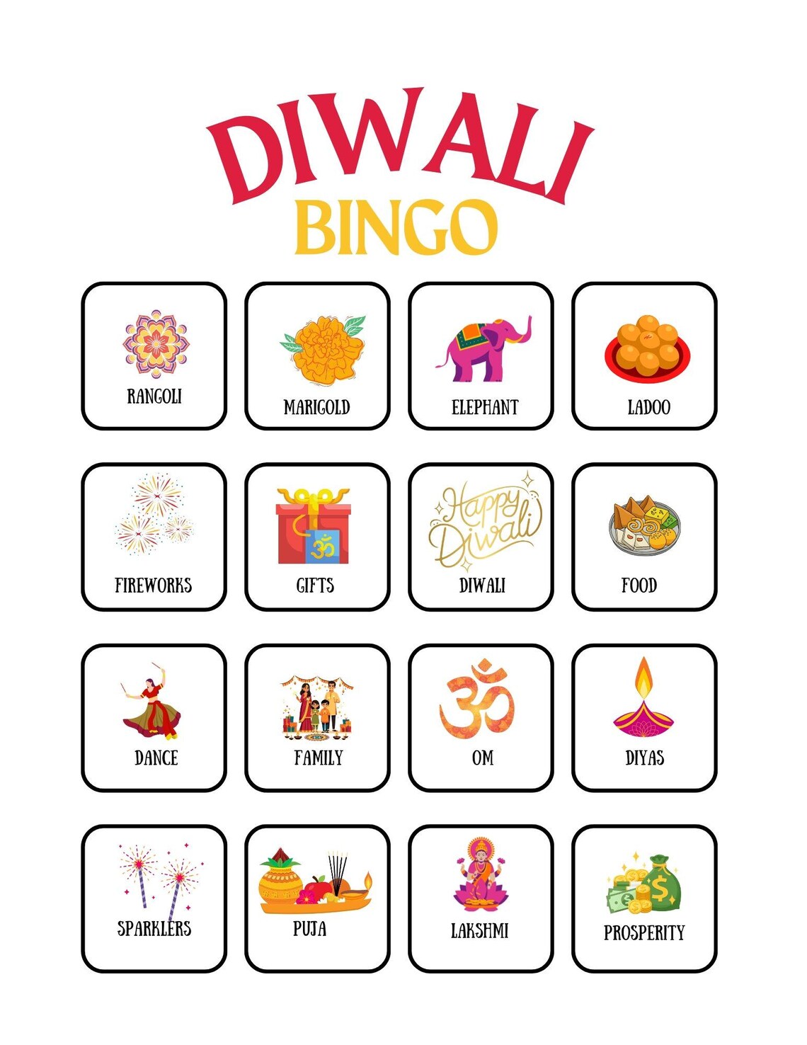 Diwali Printable Games, Diwali Printable Bingo Printable Diwali Bingo ...
