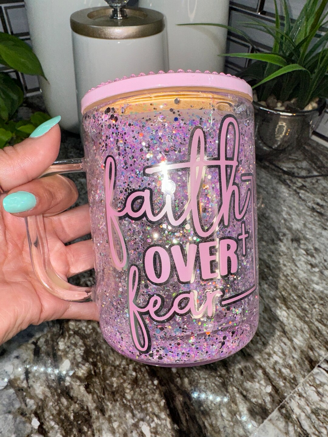 Faith Over Fear Glass Snowglobe Coffee Mug With Bling Lid, Luxury ...