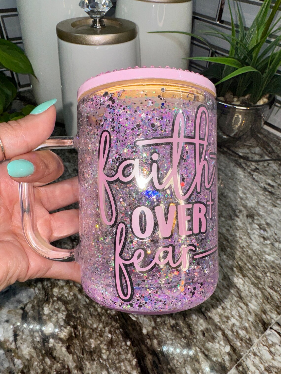 Faith Over Fear Glass Snowglobe Coffee Mug With Bling Lid, Luxury ...