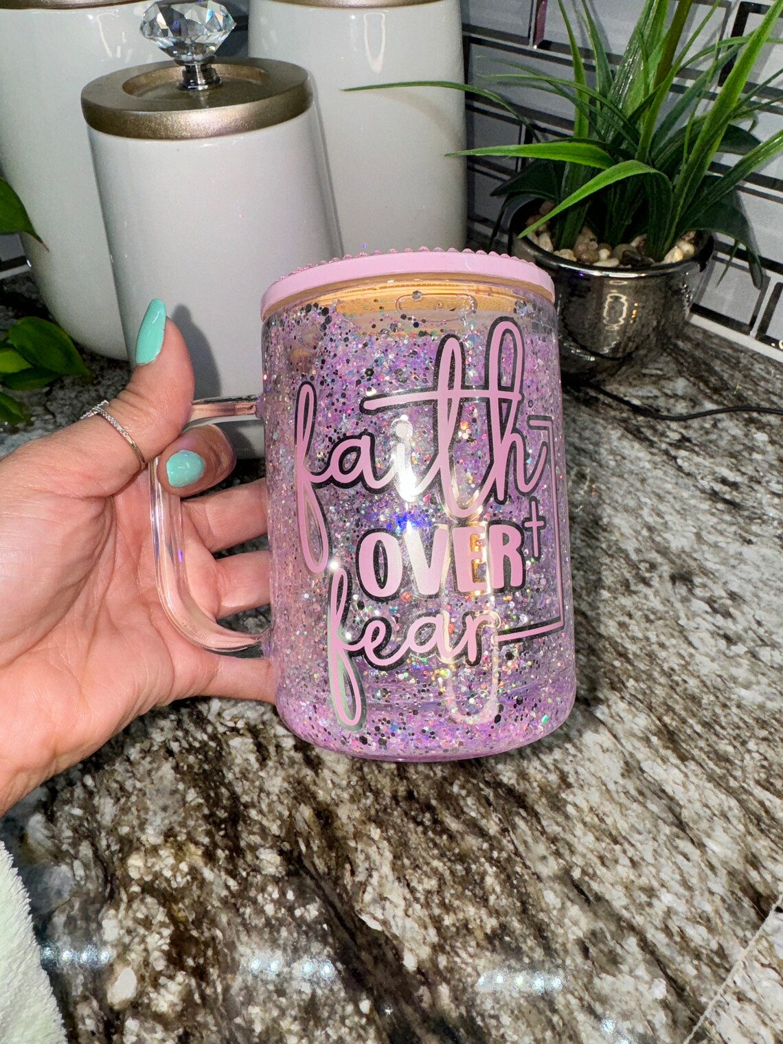 Faith Over Fear Glass Snowglobe Coffee Mug With Bling Lid, Luxury ...