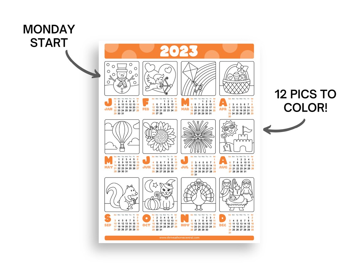 2023 Coloring Calendar Pack for Kids Monday Start - Etsy Canada