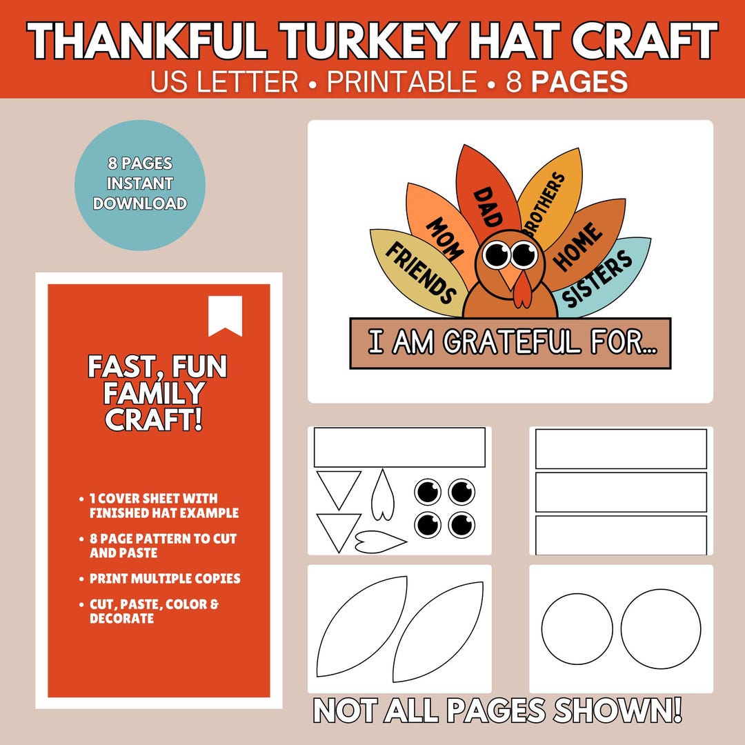 Thankful Turkey Hat Craft | Printable Kids Thanksgiving Activity - Etsy