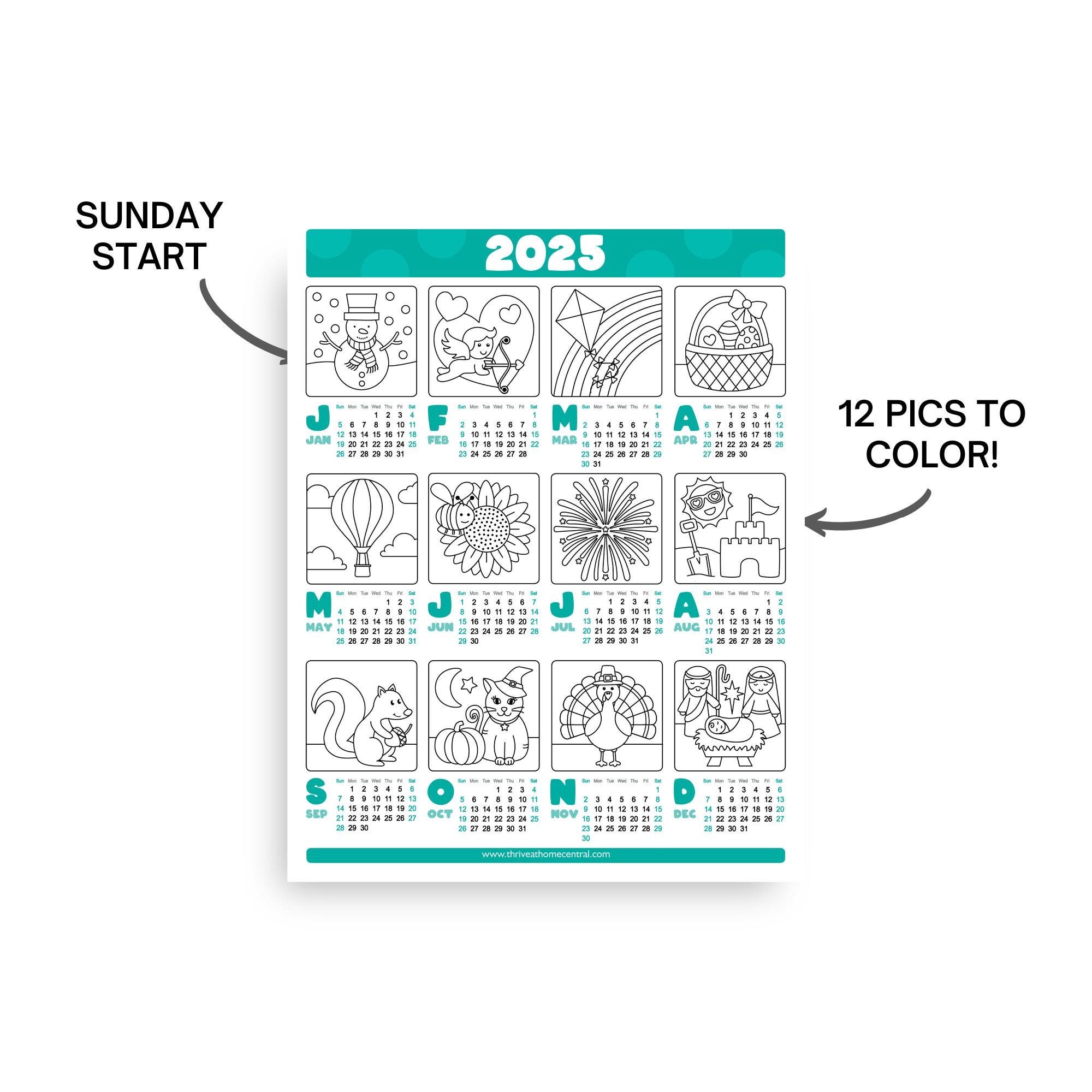 2025 Coloring Calendar for Kids| Homeschool Printable | 8-page Pack - Etsy