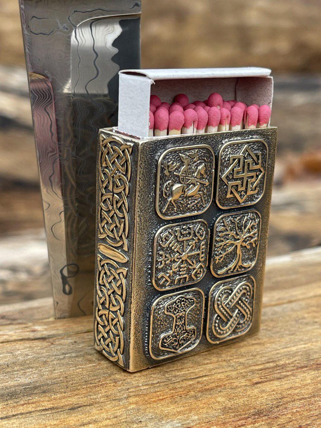 Bronze MATCHBOX Holder With Viking Symbols. Norse Mythology Power ...