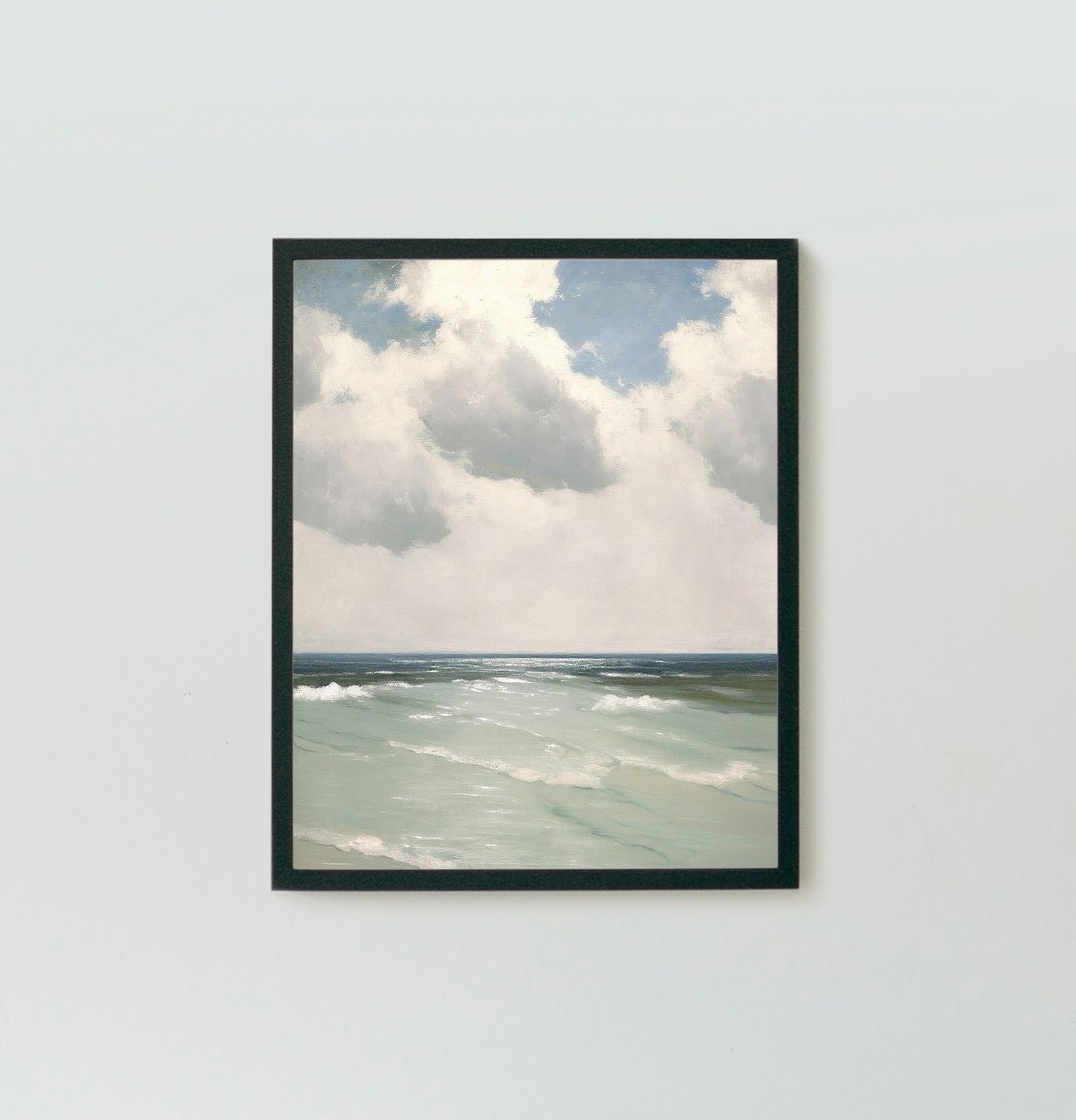 Muted Beach Scene Oil Painting | Neutral Wall Art | Vintage Seaside ...