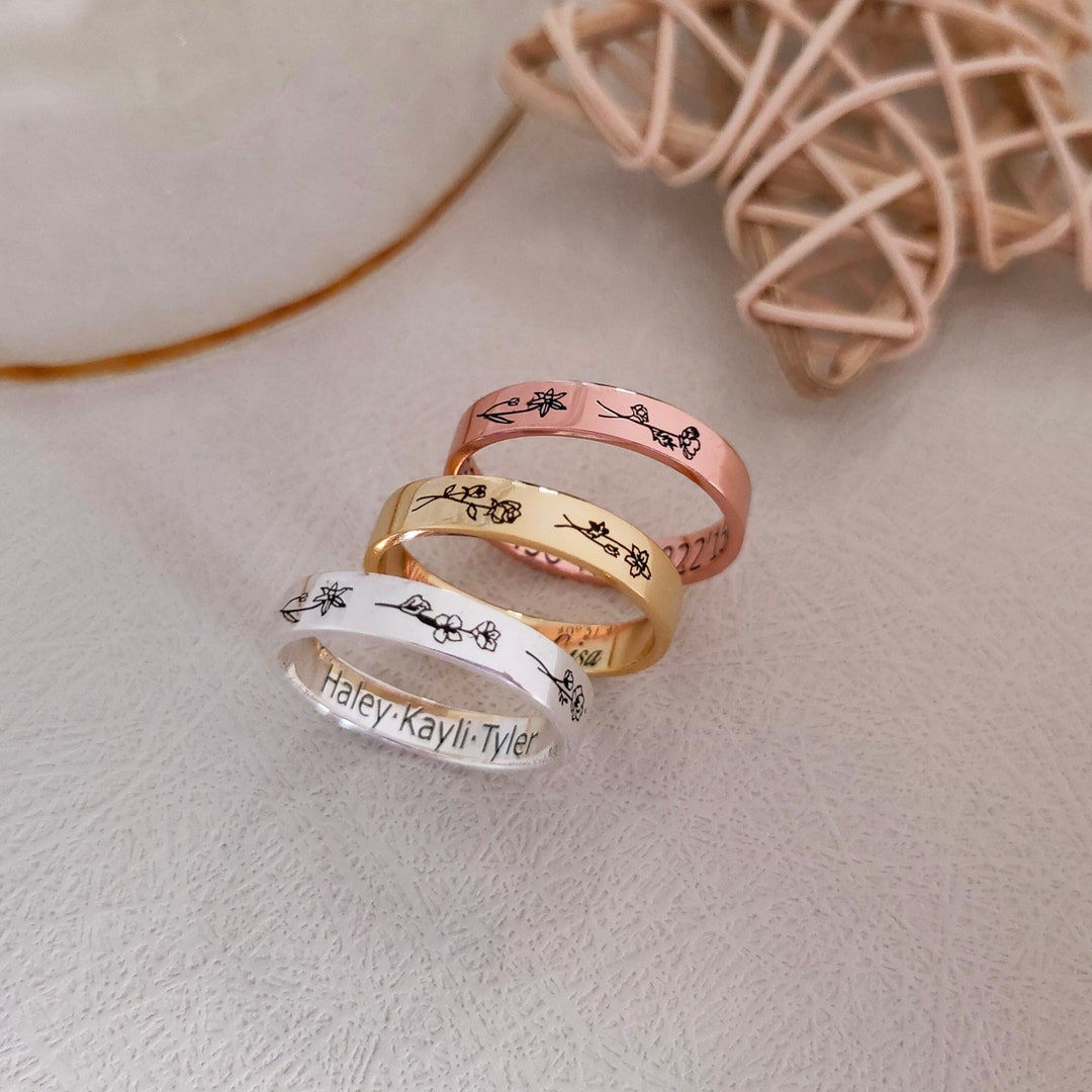 Personalized Dainty Flower Ring,custom Name Ring,stackable Family Ring ...