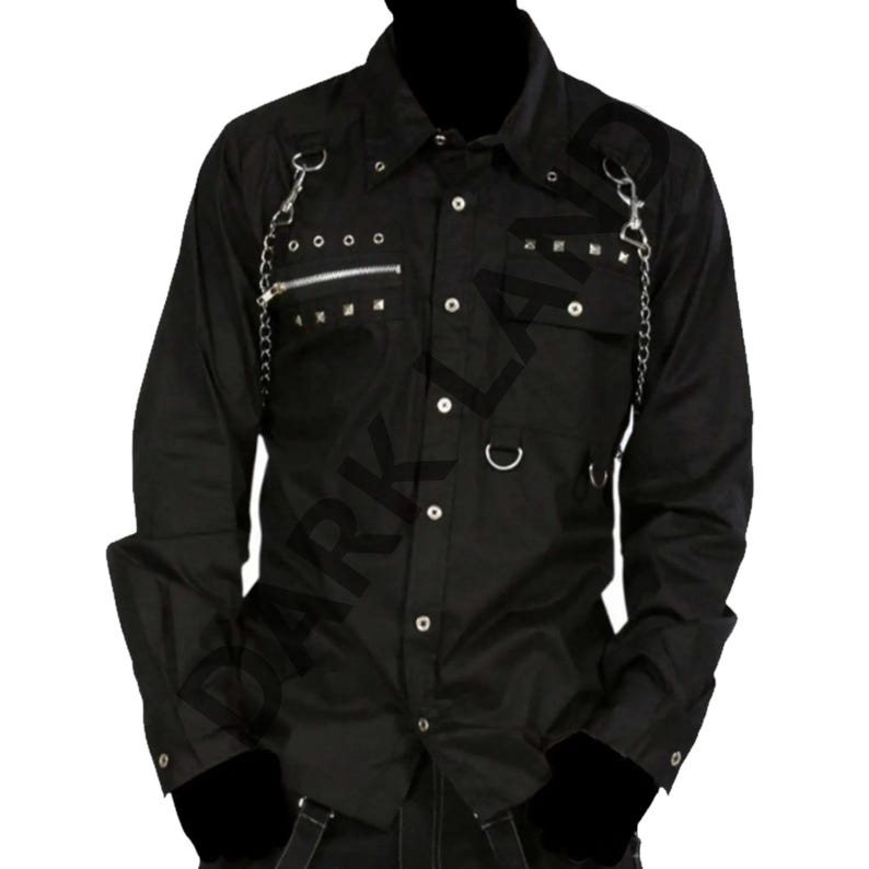 Black Gothic Shirt Men Chains Studded Shirt Full Sleeves Button up Goth ...