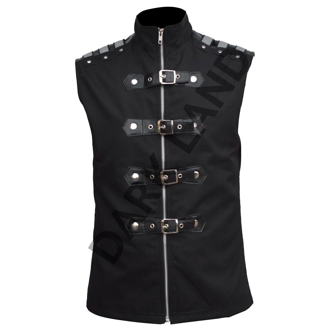 Gothic Buckle Straps Vest - Mens Military Style Black Long Zipper Vest ...