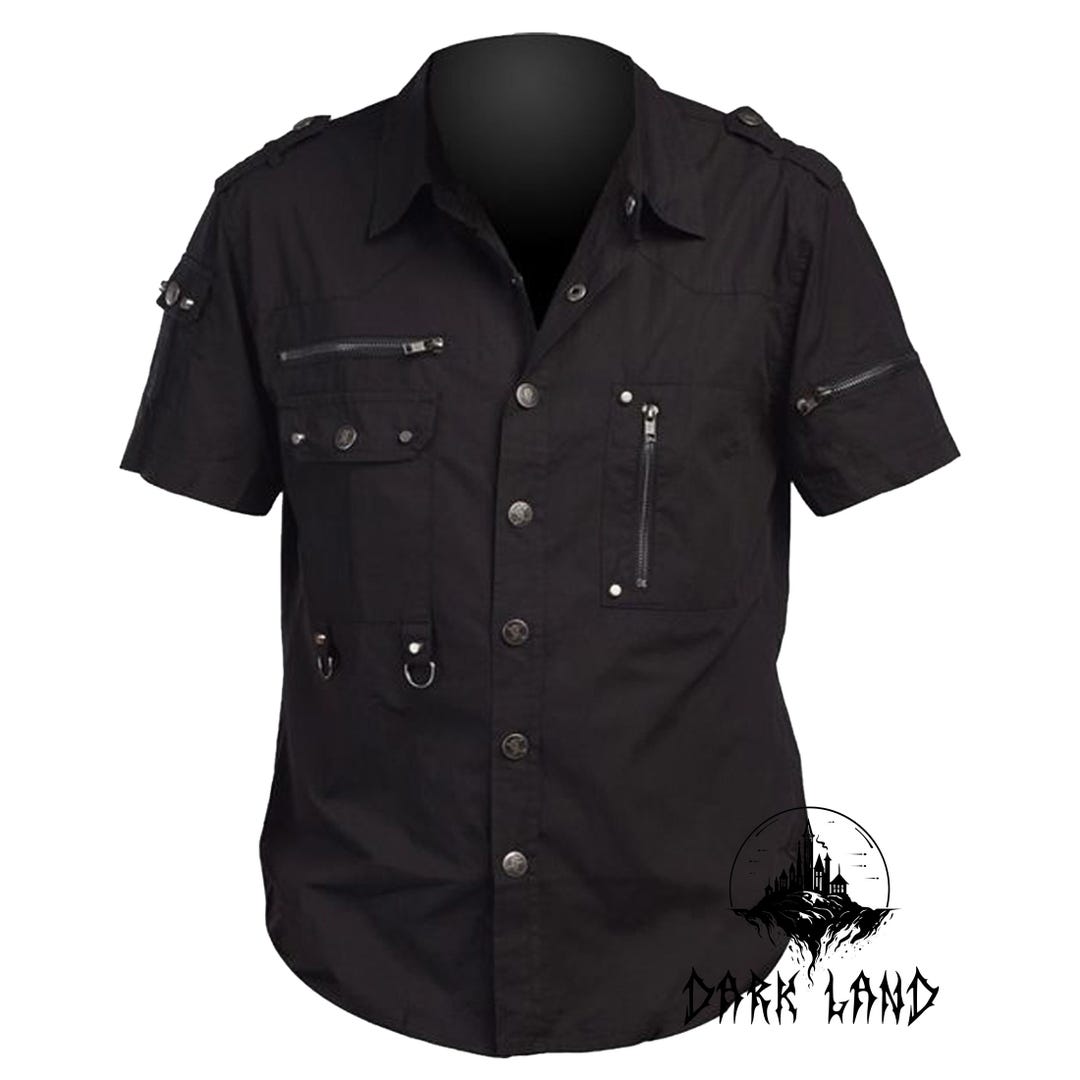 Men's Handmade Gothic Half Sleeves Button up Shirt: Black Punk Half ...