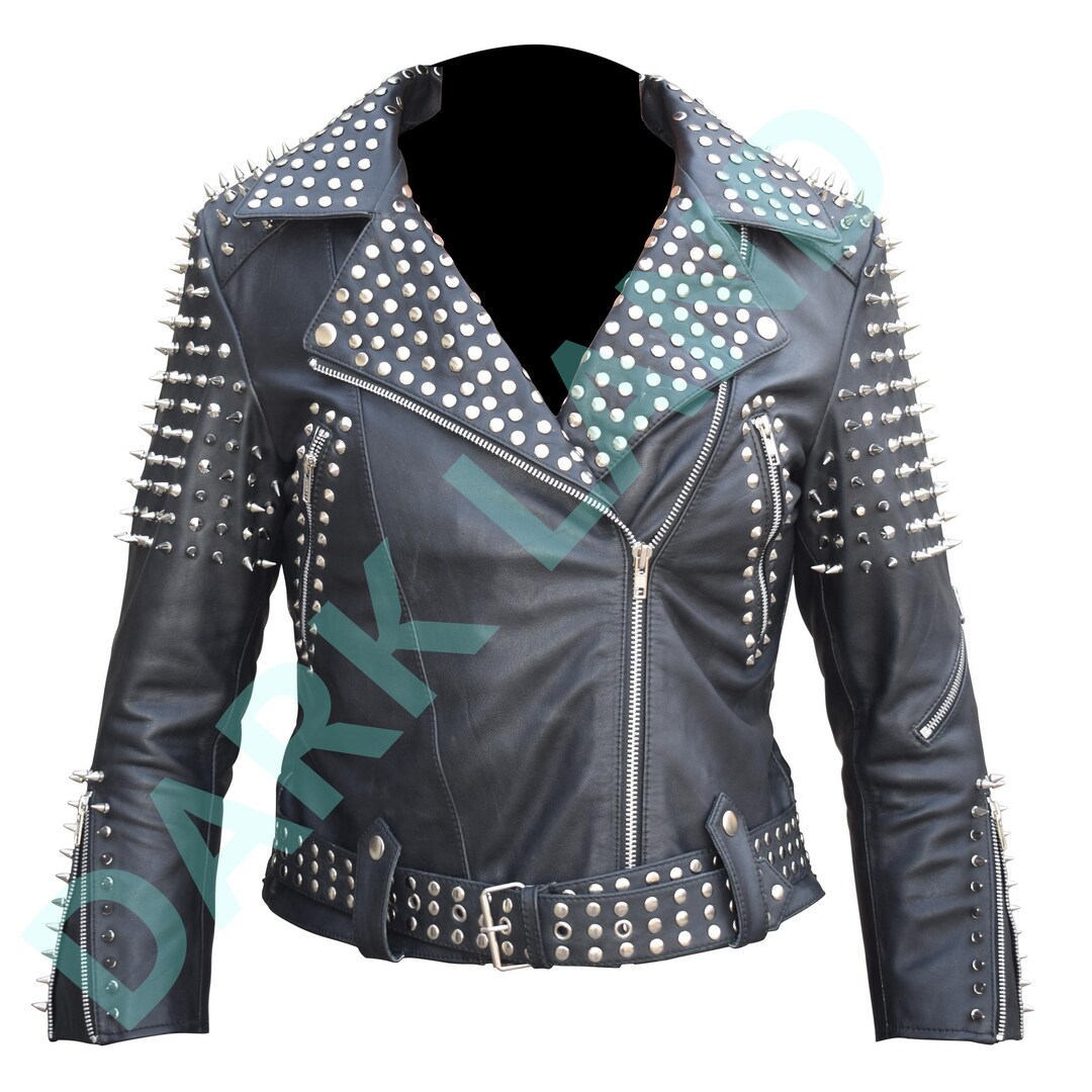 Men Studded Leather Jacket - Black Real Leather Silver Spikes ...