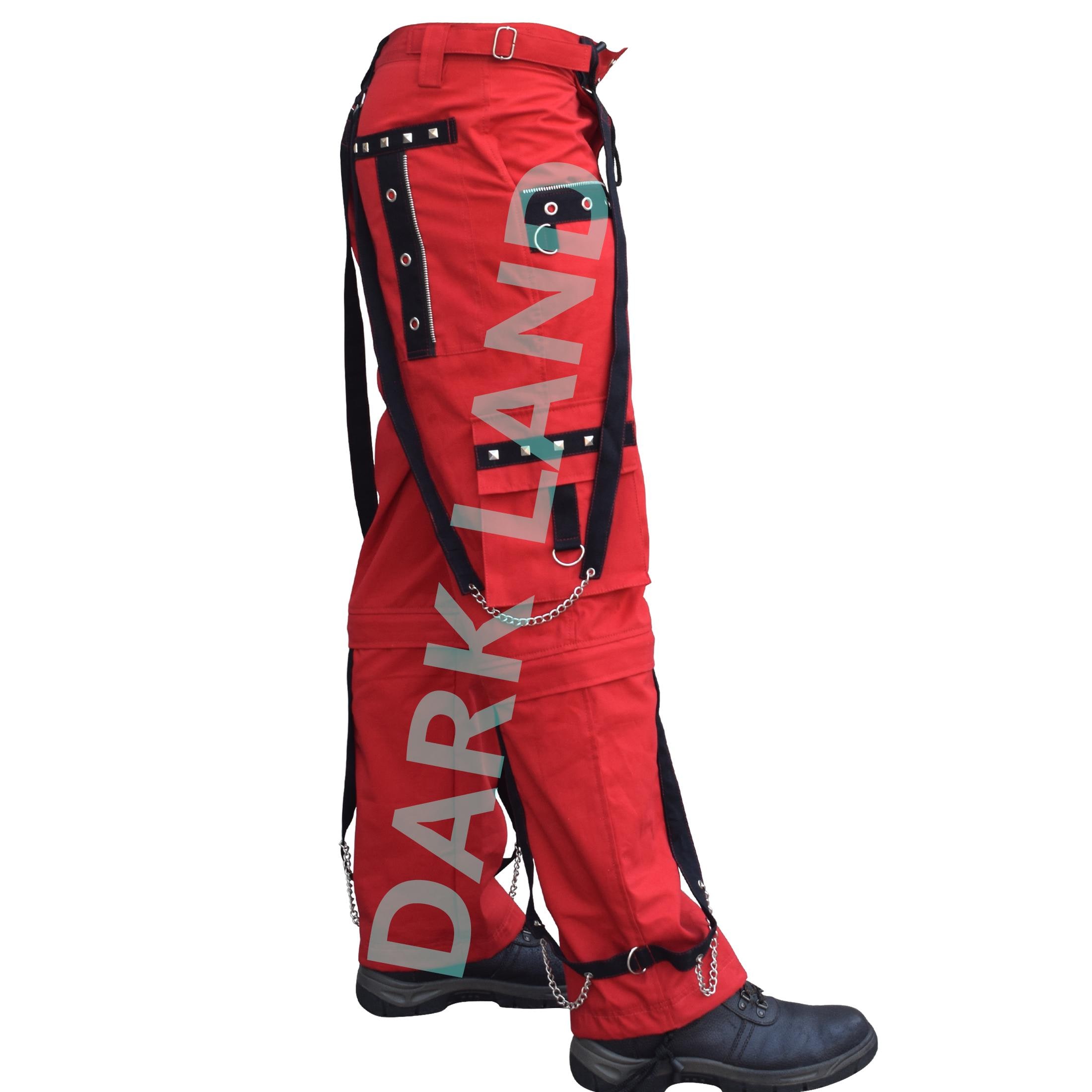 Men RED Gothic Cargo Trouser RED EMO Baggy Chains Pant Black Buckle ...