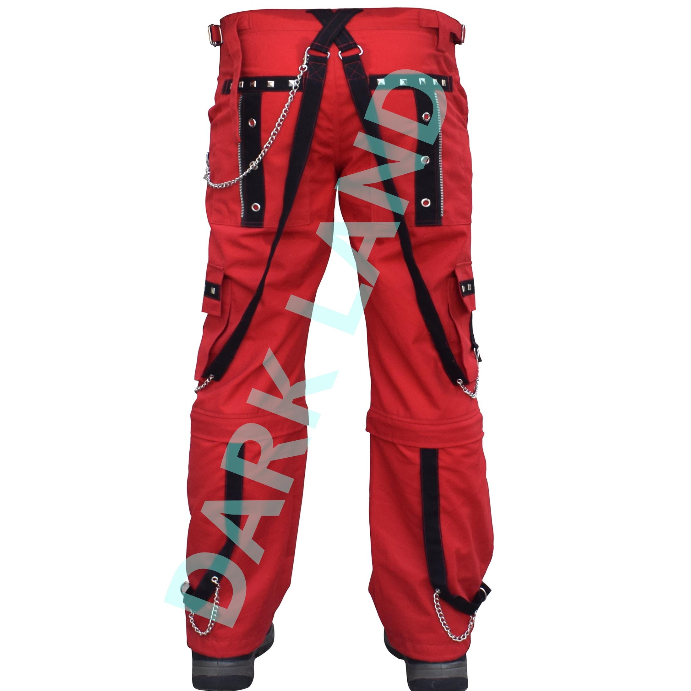 RED Gothic Pant EMO RED Baggy Cargo Chains Trouser Black Buckle Straps ...