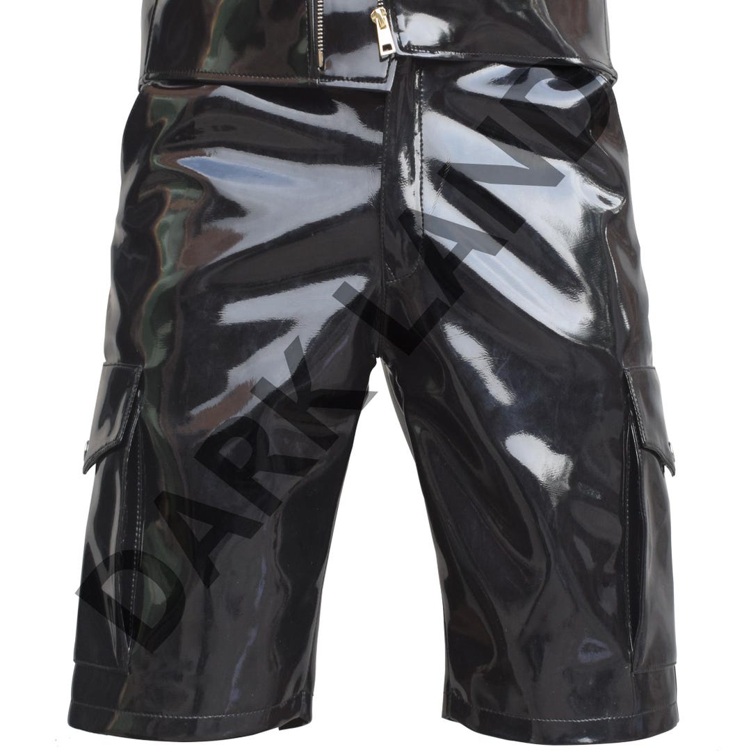 EMO Black Cargo Shorts - Vinyl Glossy Black Shorts - Men Gothic Shorts ...