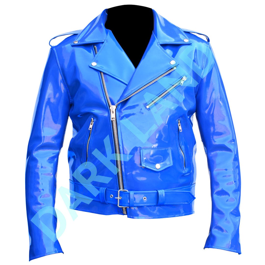 Glossy Blue Pvc EMO Jacket Men Vinyl Pvc Motorcycle Jacket WET Look ...