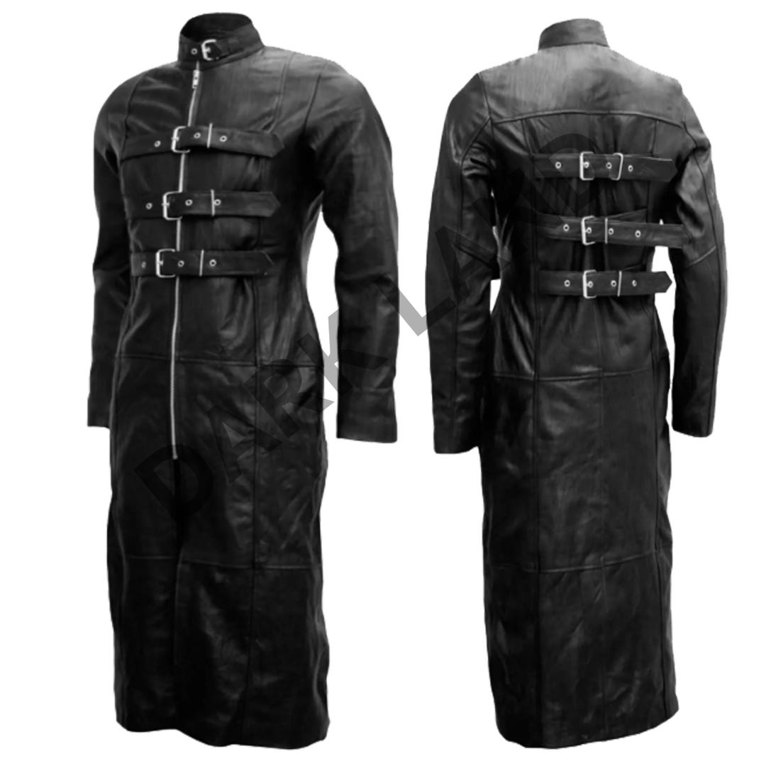 Men Gothic Long Leather Coat - Bondage Buckle Straps Full Length Coat ...
