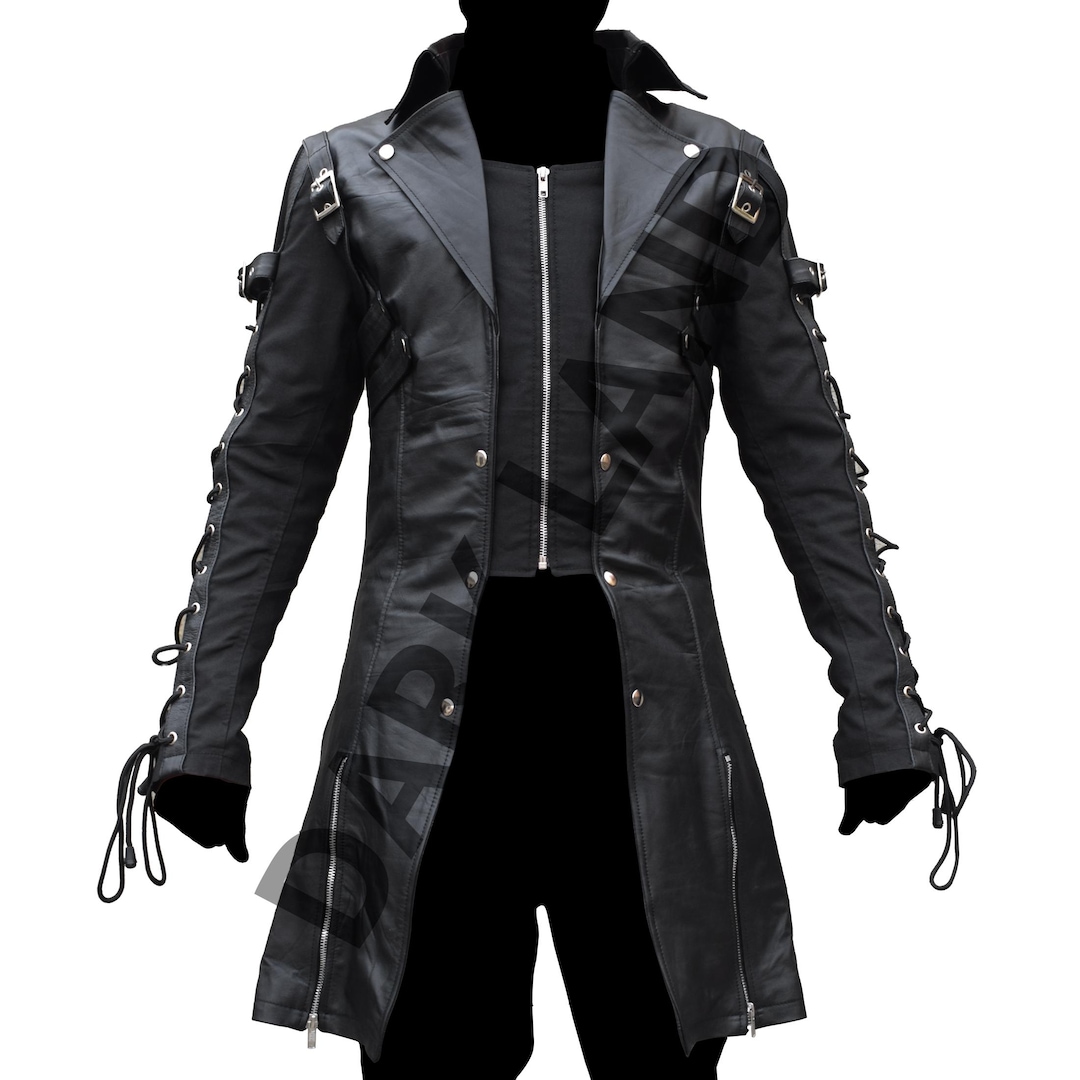 Men Steampunk Leather Coat - Black Real Leather Gothic Coat - Mens ...