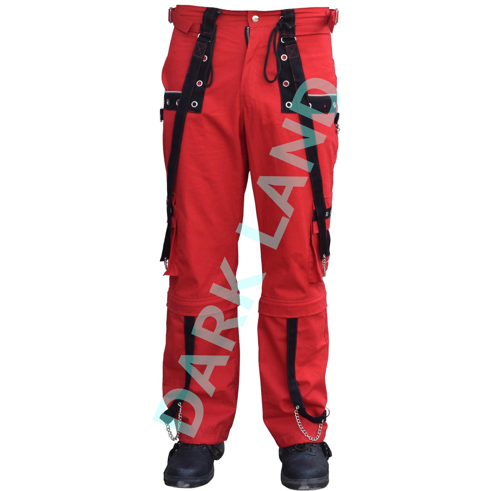 Men RED Gothic Cargo Trouser RED EMO Baggy Chains Pant Black Buckle ...