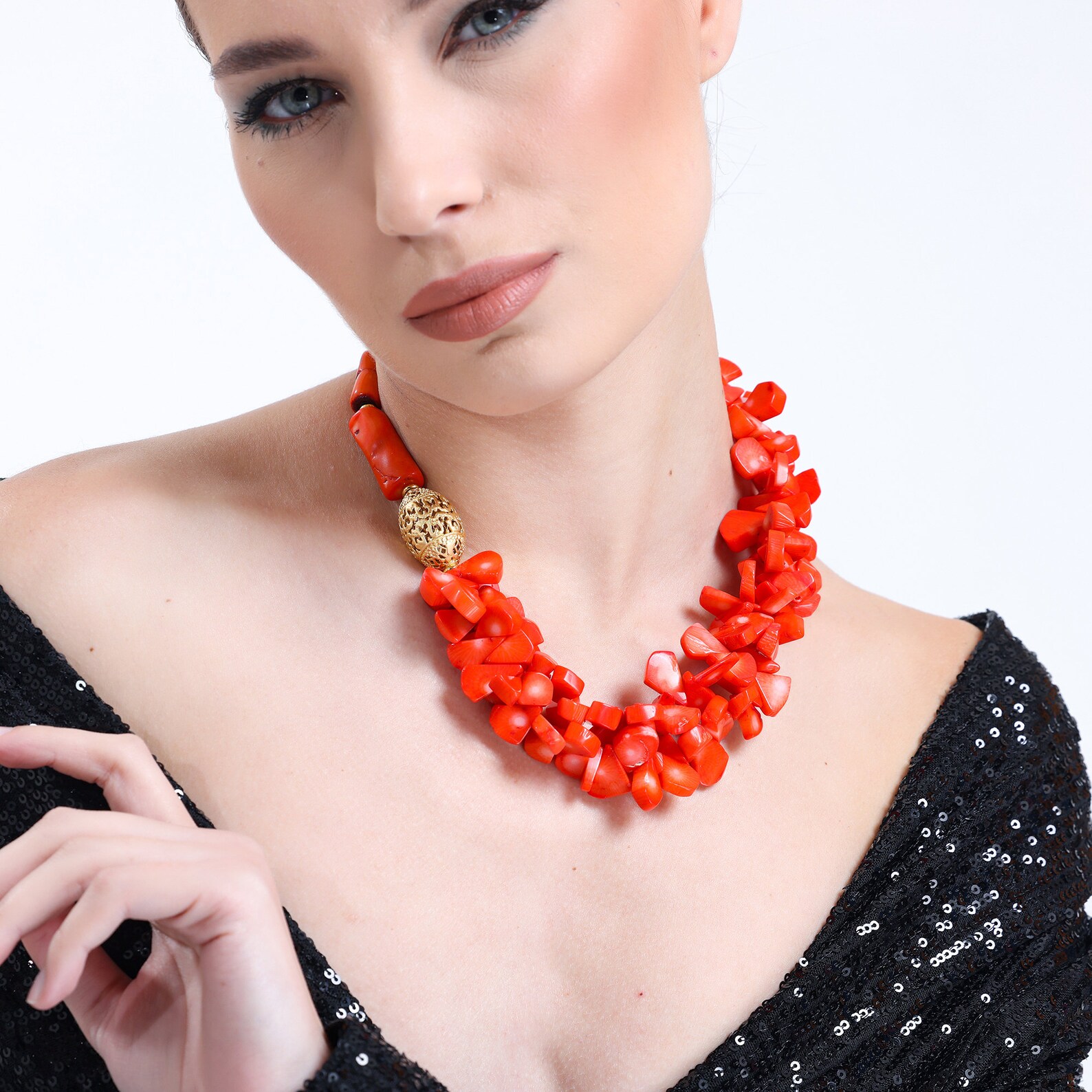 Genuine Coral Gemstone Layered Handmade Necklace for Women, Chunky Big ...