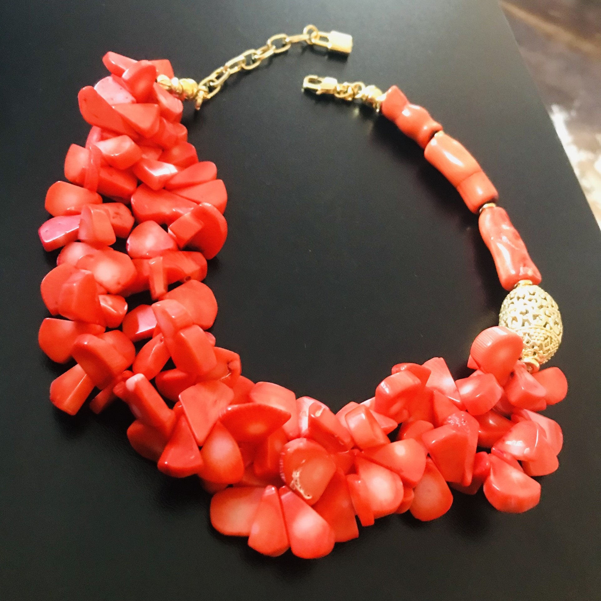 Genuine Coral Gemstone Layered Handmade Necklace for Women, Chunky Big ...