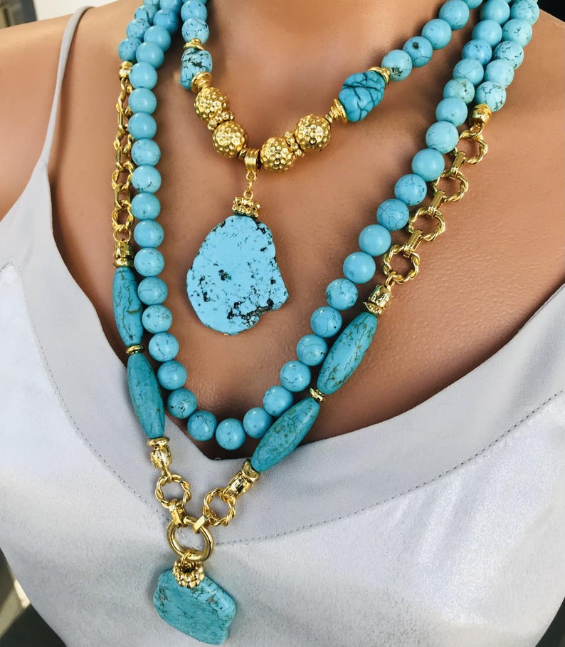 Genuine Naturel Turquoise Long Necklace,big Bold Chunky Jewelry ...