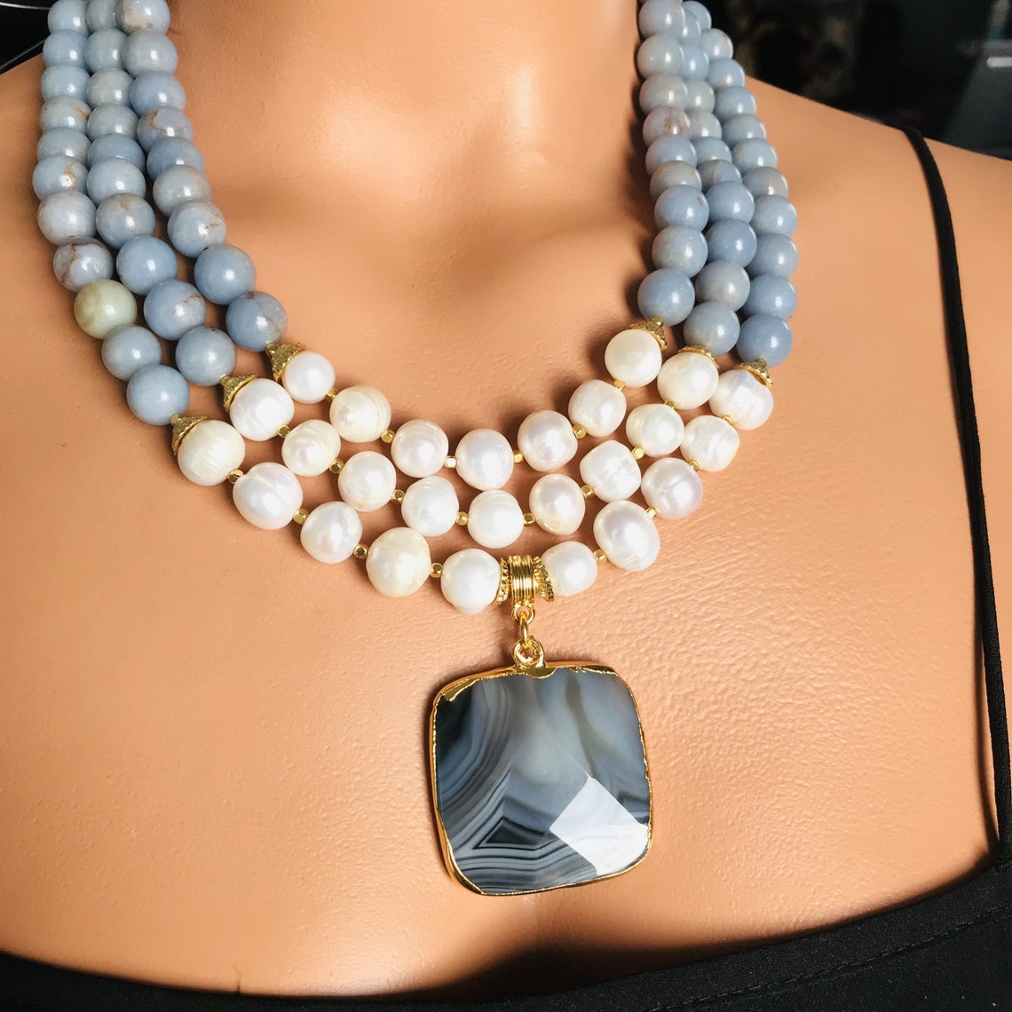 Unusual Angelite Gemstones Necklace for Women, Three Pieces Layered ...
