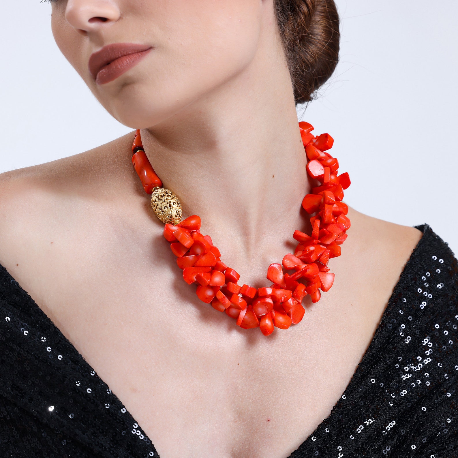 Genuine Coral Gemstone Layered Handmade Necklace for Women, Chunky Big ...
