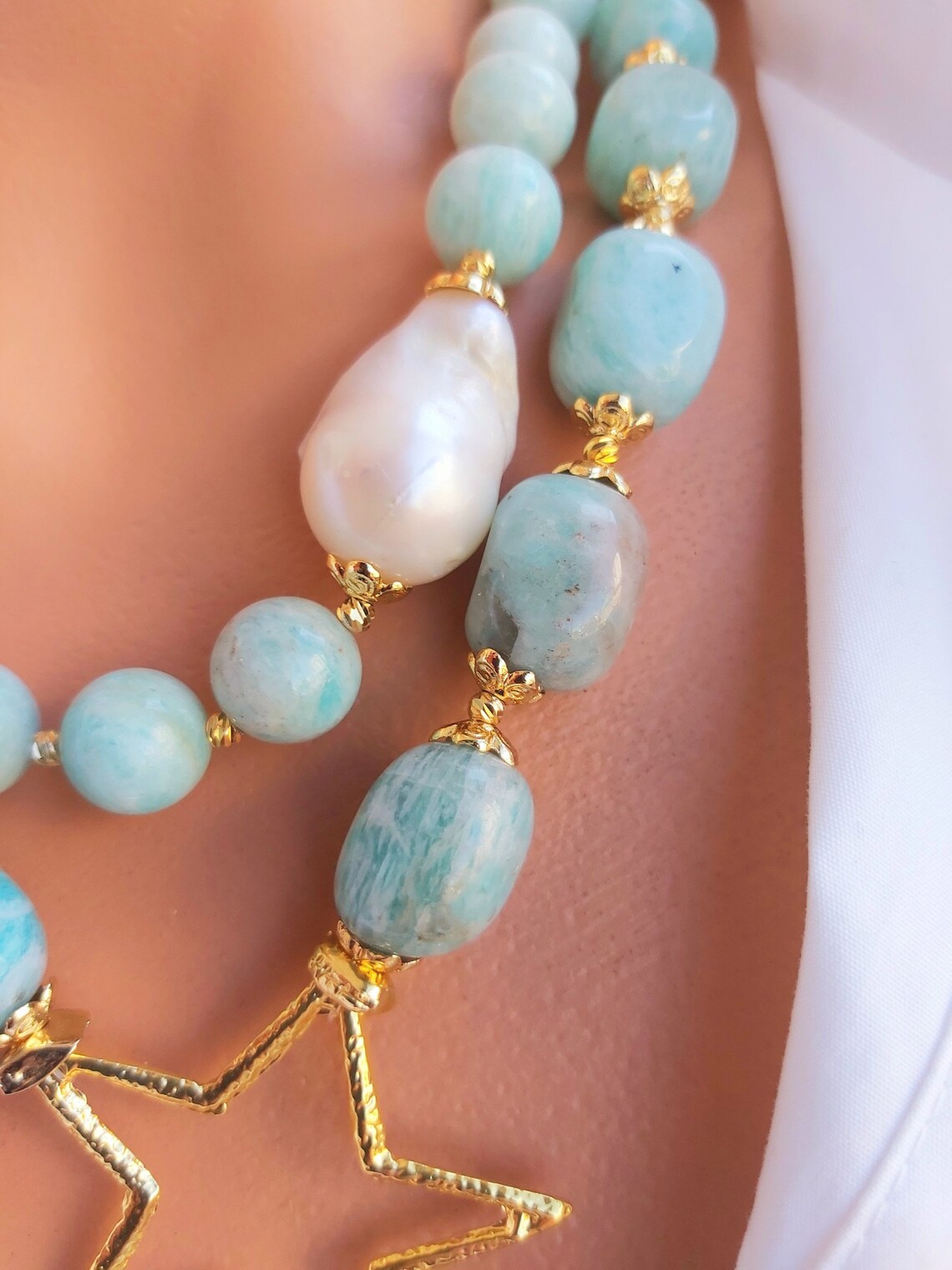 Baroque Pearl and Amazonite Necklace for Women,beaded Gemstone Hand Made Jewelry, Big Bold ...