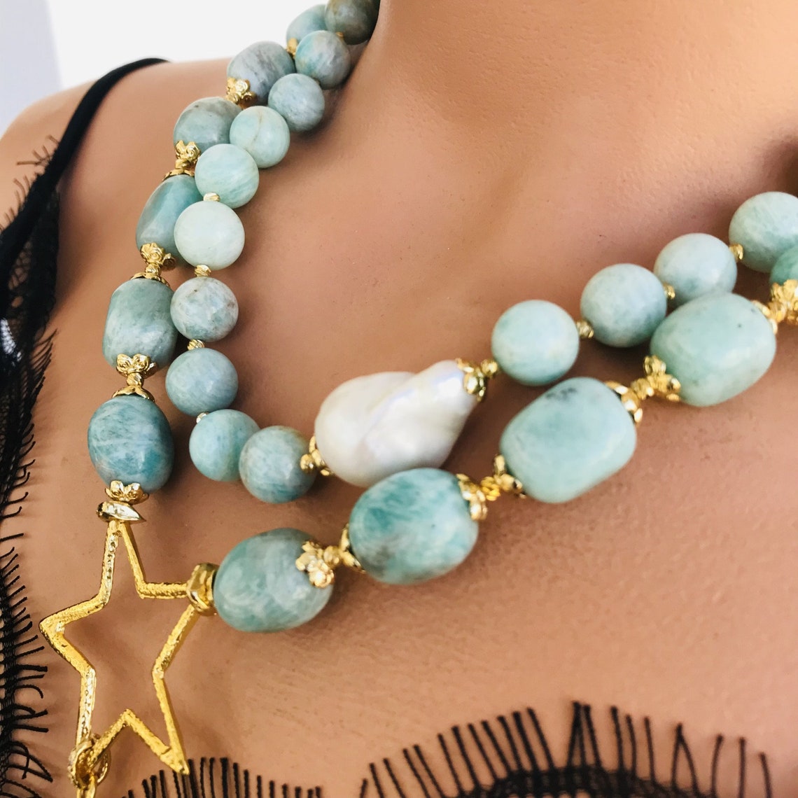 Baroque Pearl and Amazonite Necklace for Women,beaded Gemstone Hand Made Jewelry, Big Bold ...