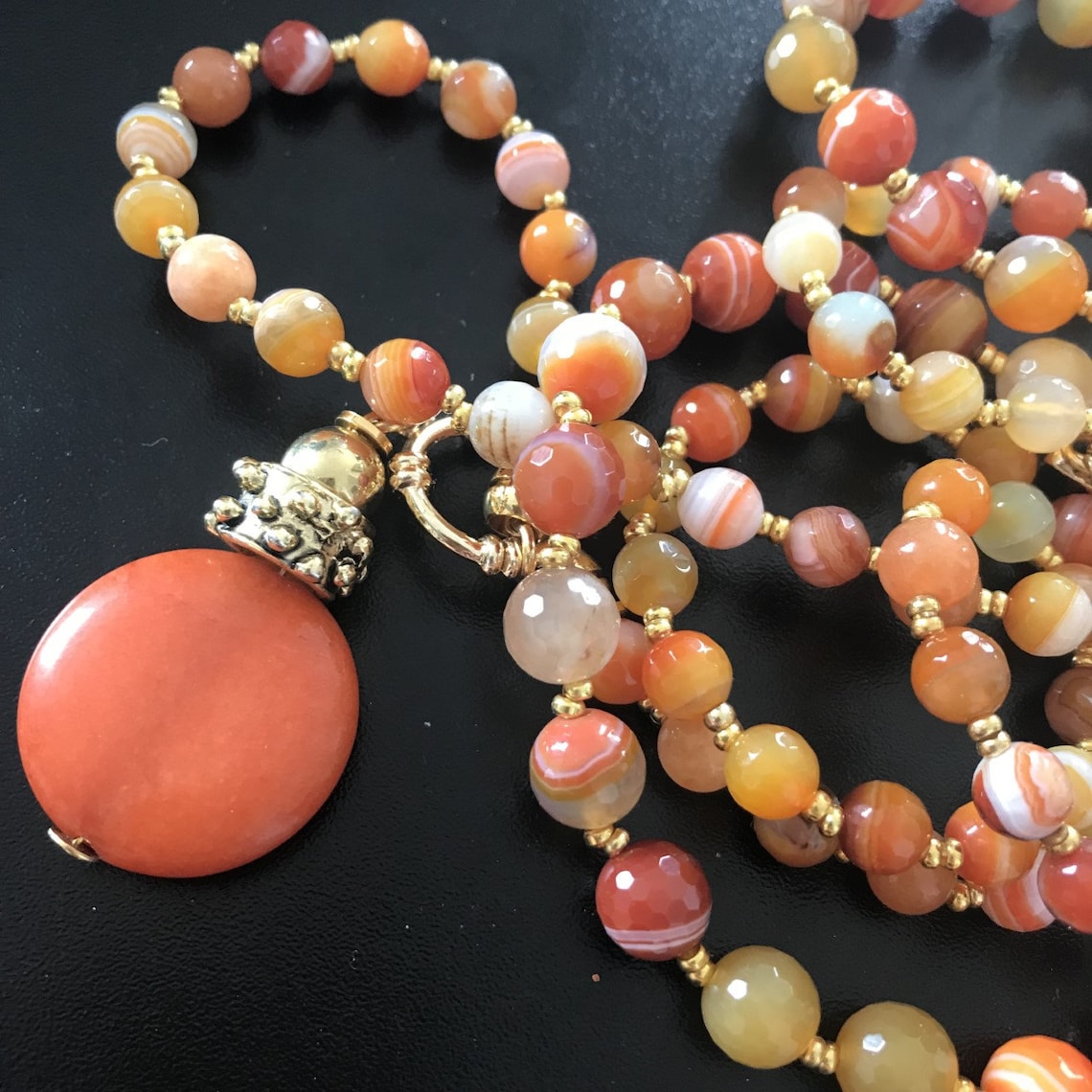 Agate Gemstone Modern Necklace With Agate Pendant, Chunky Big Beaded ...